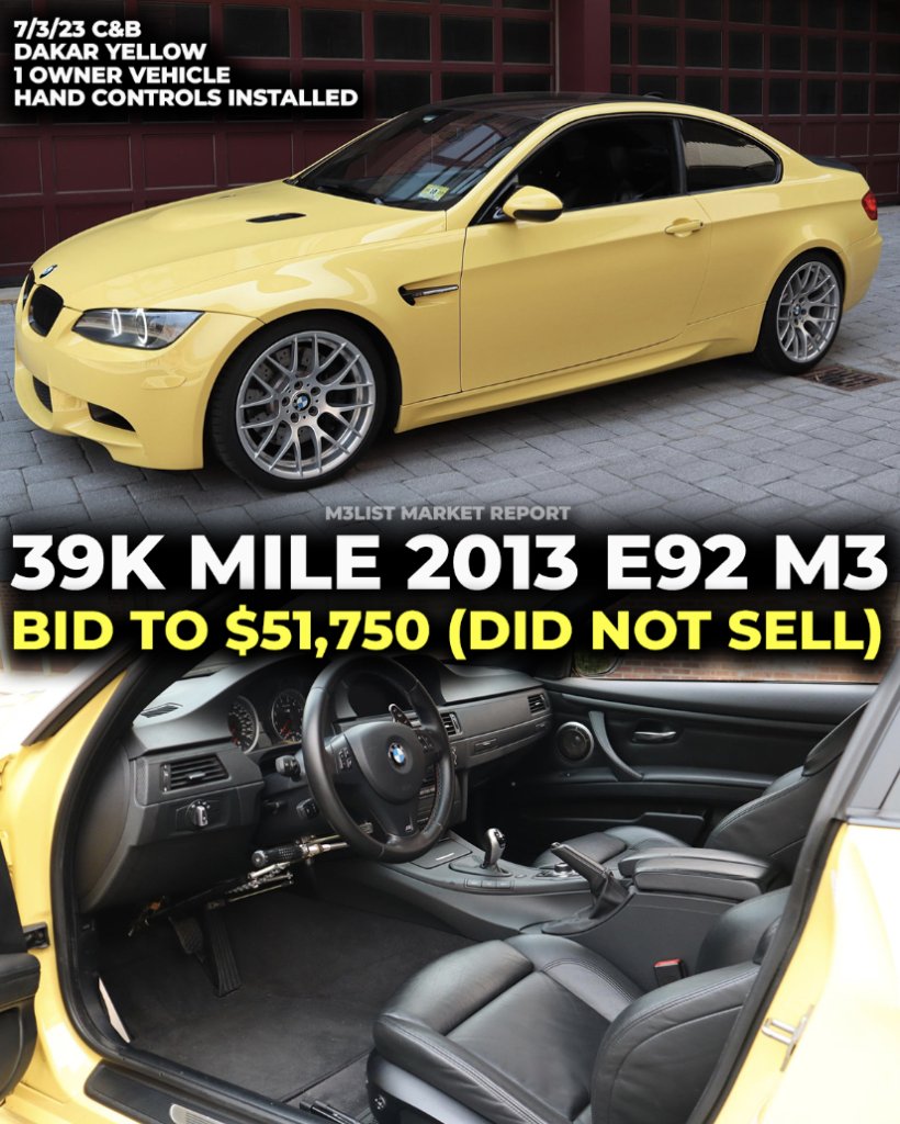 Dakar Yellow 2013 E92 M3 bid to $51,750 but did NOT sell on CarsAndBids!
