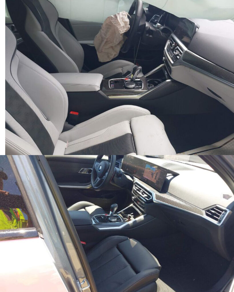 Crashed baby blue and bright pink BMW G80 M3 for sale at auction.